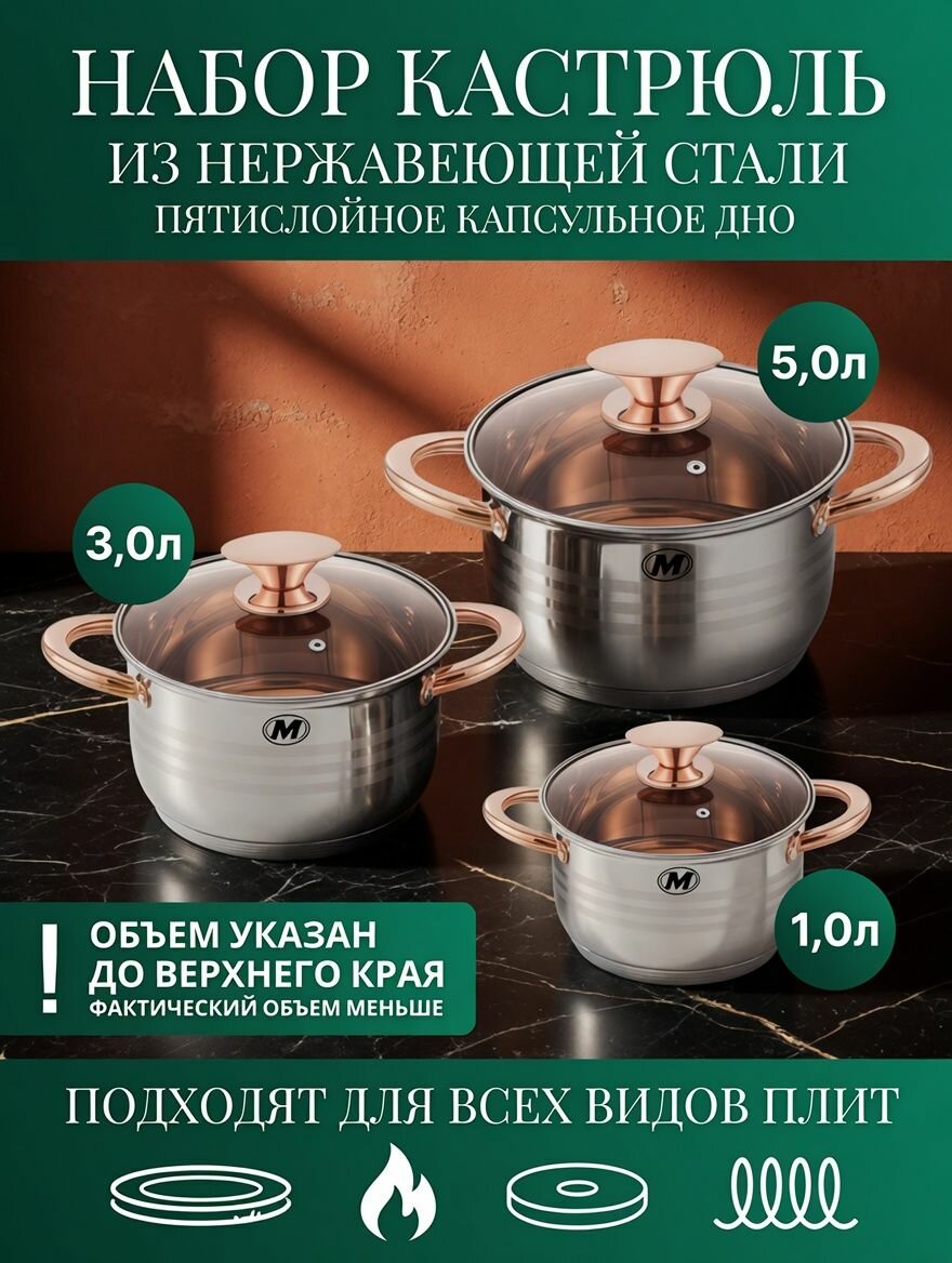 Набор Кастрюль С Крышкой И Толстым Дном Для Кухни и Готовки. Маленьких, Больших Из Нержавеющей Стали Для Газовых, Электрических, Индукционных Плит. 3шт