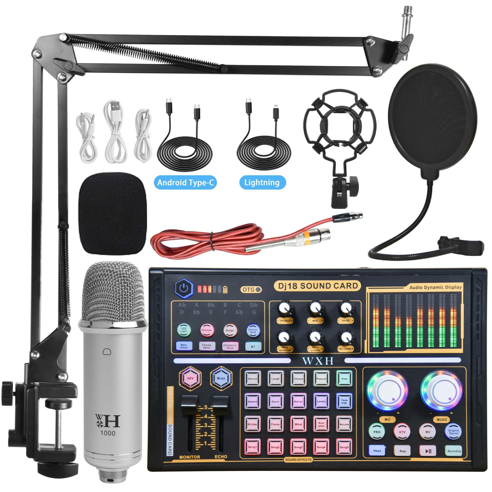 48V Серебристо-серебристый комплект микрофона WXH1000 и звуковой карты Dj18 для мобильного стриминга
