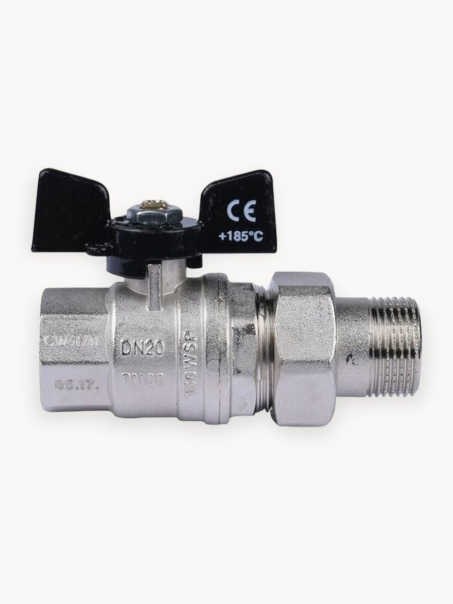 Кран шаровой 3/4 Bugatti (3220089) 3/4 ВР(г) х 3/4 НР(ш) бабочка с полусгоном прямой (бугати кран с американкой )