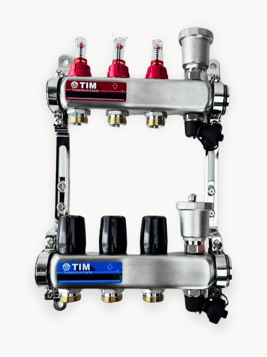 Коллектор для теплого пола с расходомерами 1"х 3/4"на 3 выхода , нерж, без кранов TIM