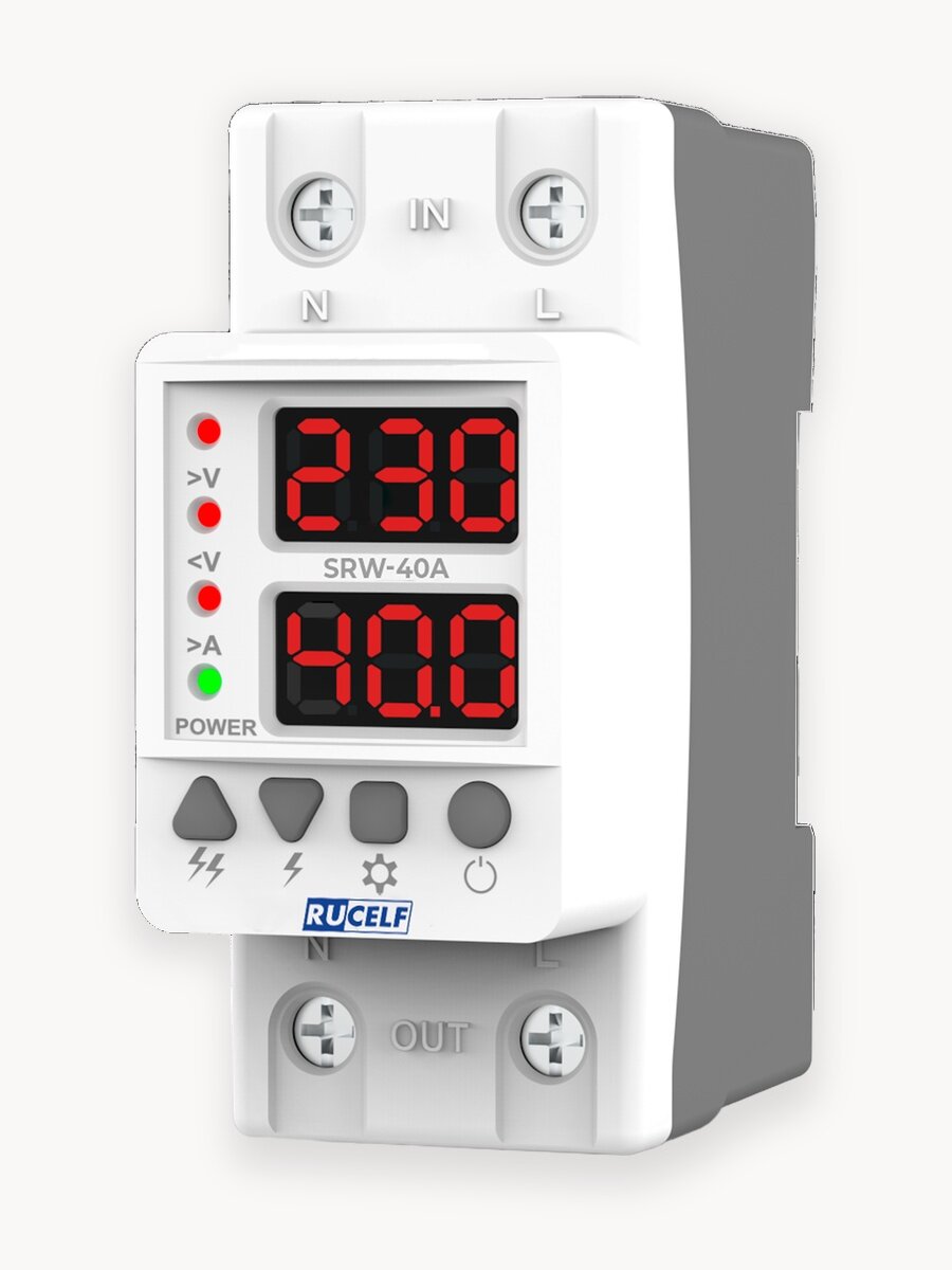 Реле напряжения и тока RUCELF SRW-40A, поликарбонат, с задержкой включения 1-500 с, температура от -50 до +55
