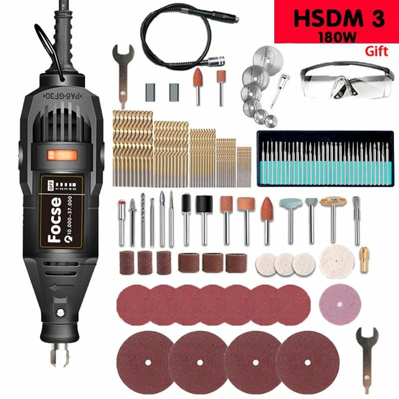 Focse 180 Вт мини дрель дремель гравер электрический с гибкой осью 5 - позиционная переменная скорость+Комплект принадлежностей--