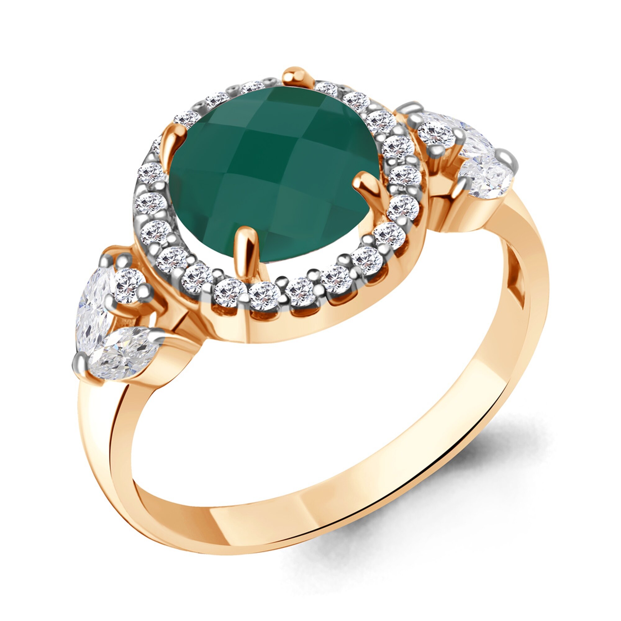 Кольцо, серебро, 925 проба, золочение, фианит, агат