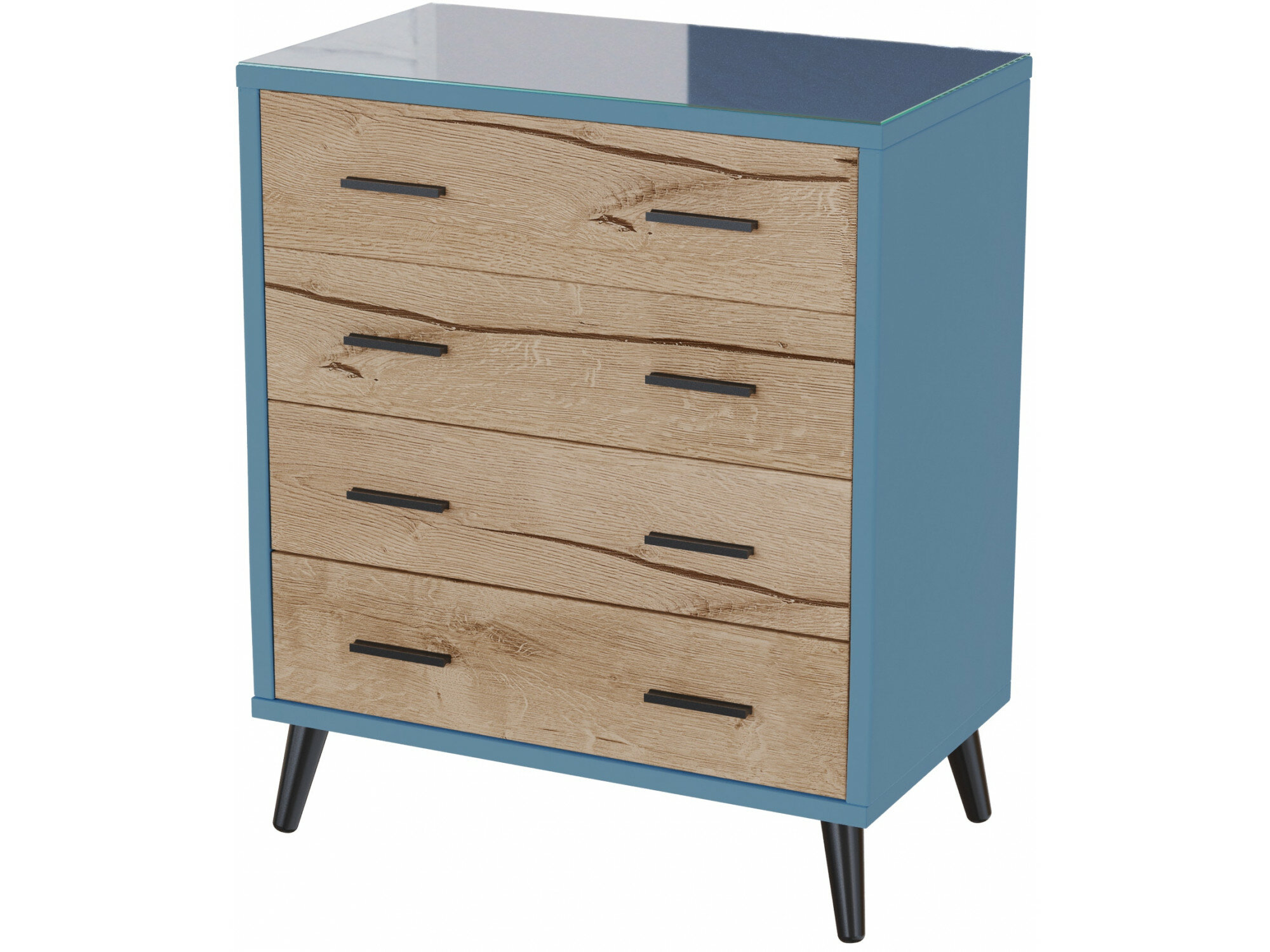 Комод интерьерный с 4 ящиками, с мягкой обивкой, 80х45х93 , велюр  светло-голубой/мдф дуб канадский