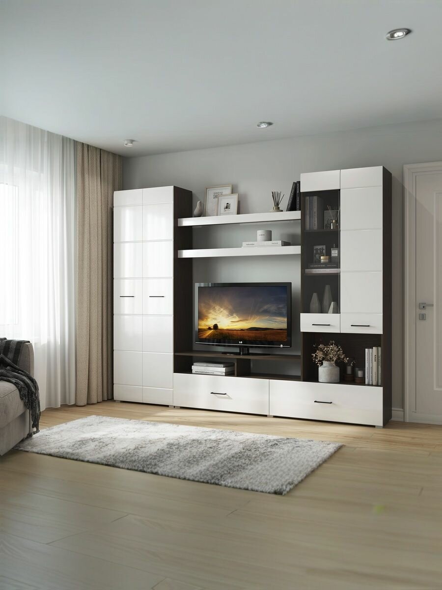 Гостиная "Альфа" МДФ, венге / белый глянец, 252 х 200 х 35 см