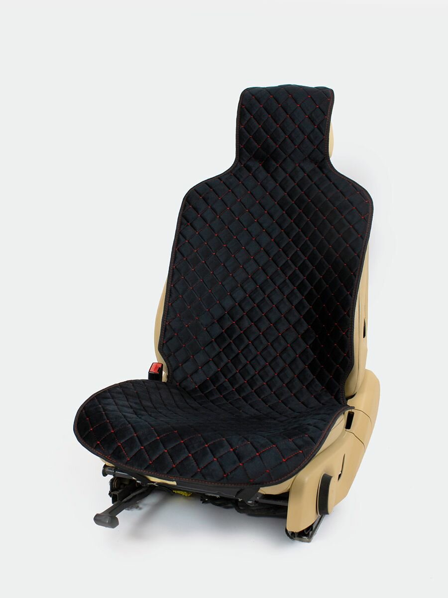 Универсальные чехлы на переднее сиденье, Алькантара, Ромб, широкий с подголовником, черный с красной строчкой