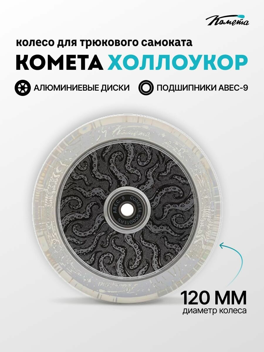 Колесо для трюкового самоката Комета 120мм Холлоукор 120/30 Тентакли (Прозрачный / Серый)