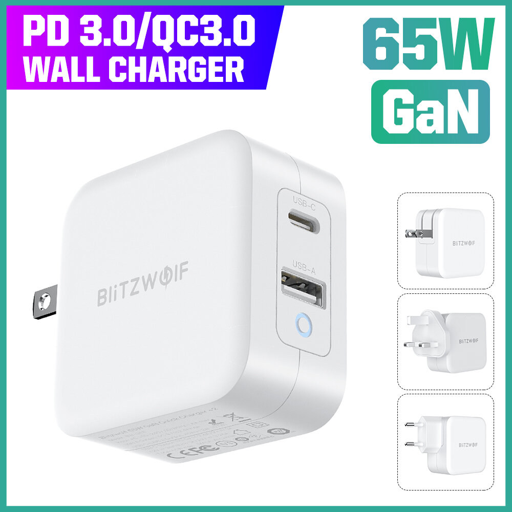 BlitzWolf BW-S18 новейший GaN Tech 65W 2-портовый адаптер USB C PD 3.0 быстрая зарядка USB настенное зарядное устройство поддержка подачи питания QC3.0 SCP FCP протоколы мини-адаптер вилка EU/UK/US