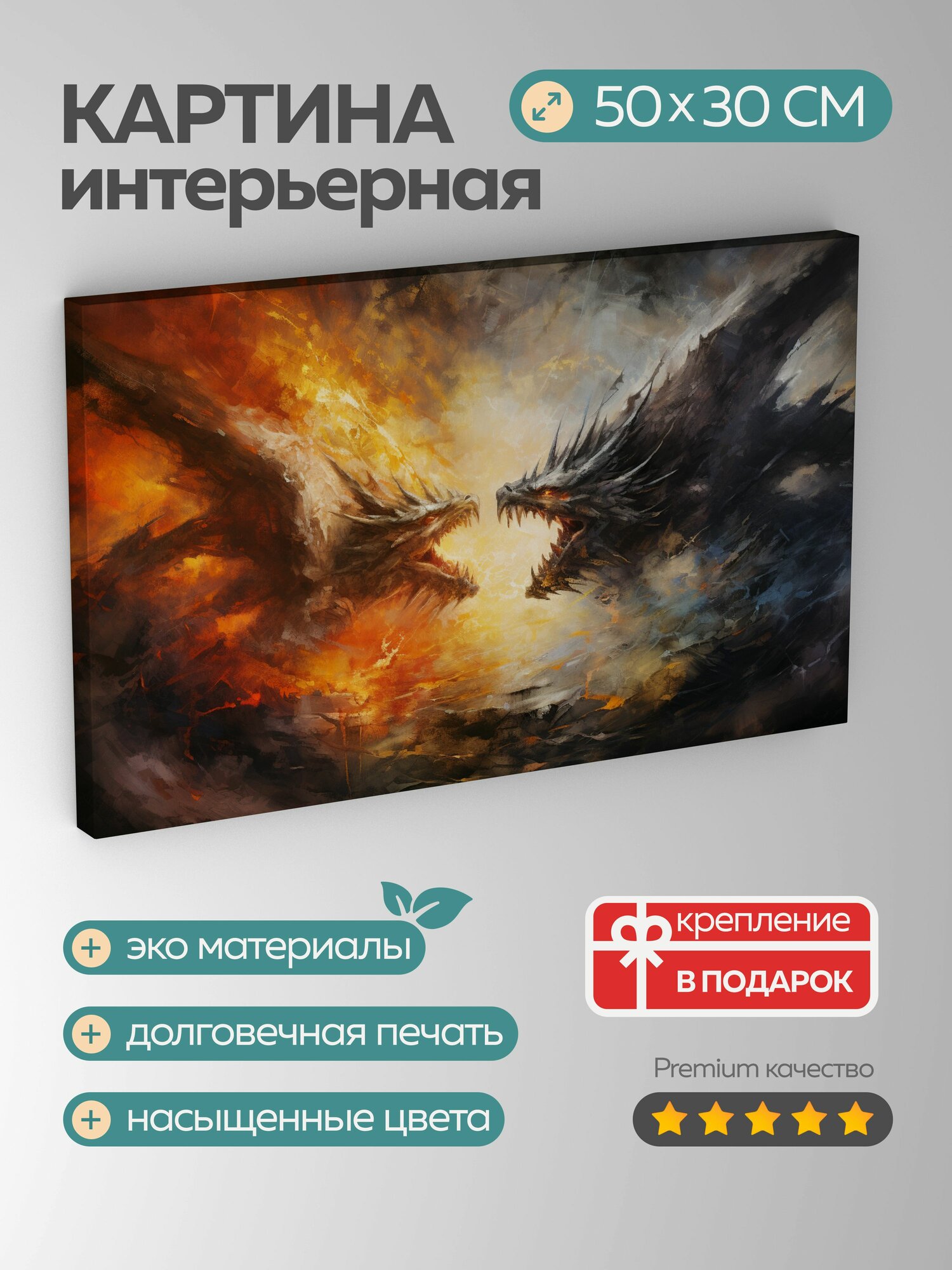 Картина на холсте интерьерная 50х30 см, дракон, буря, молнии, крылья, чешуя, грозовые тучи, гром, вспышки