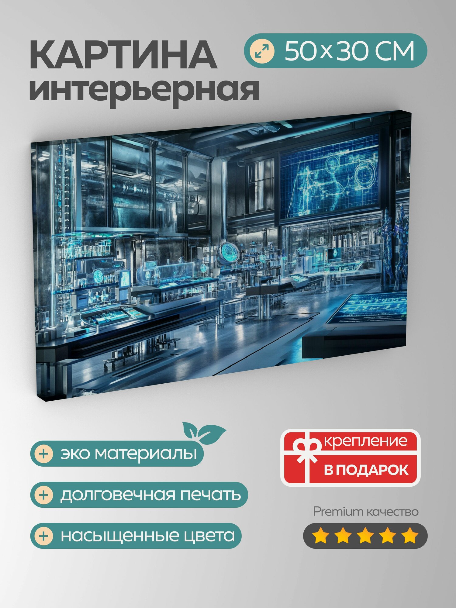 Картина на холсте интерьерная 50х30 см, лаборатория, рендеринг, оборудование, голографический дисплей, инновации