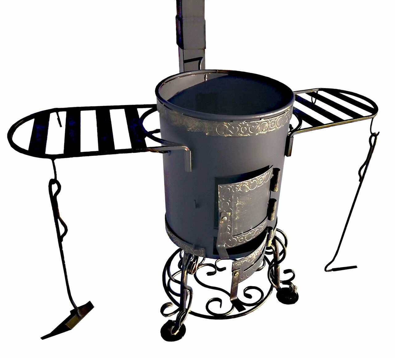 Печь для казана с поддувалом, с дымоходом, с дровницей, два столика, огнеупорная краска, "Макси" на 10 л