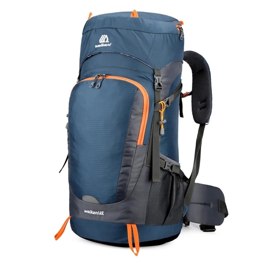 Большой трекинговый рюкзак Weikani для путешествий, походов, кемпинга 65 литров с дождевиком цвет синий