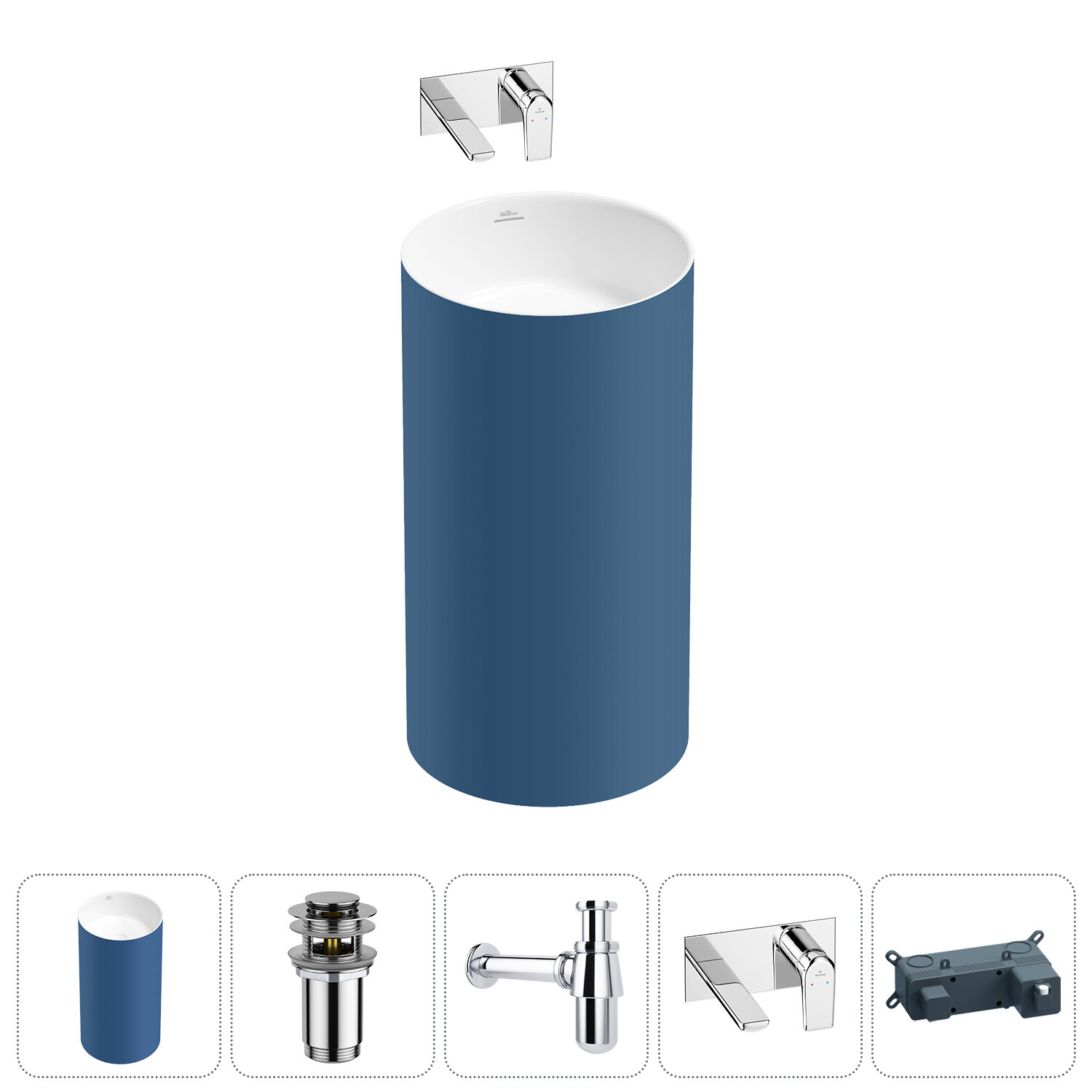 Круглая напольная раковина для ванной Wellsee Chalice Perfection 20212970R в наборе 4 в 1: напольная отдельностоящая раковина моноблок (чаша белый глянец, стенки матовый темно-синий), донный клапан, сифон, смеситель (цвет хром)