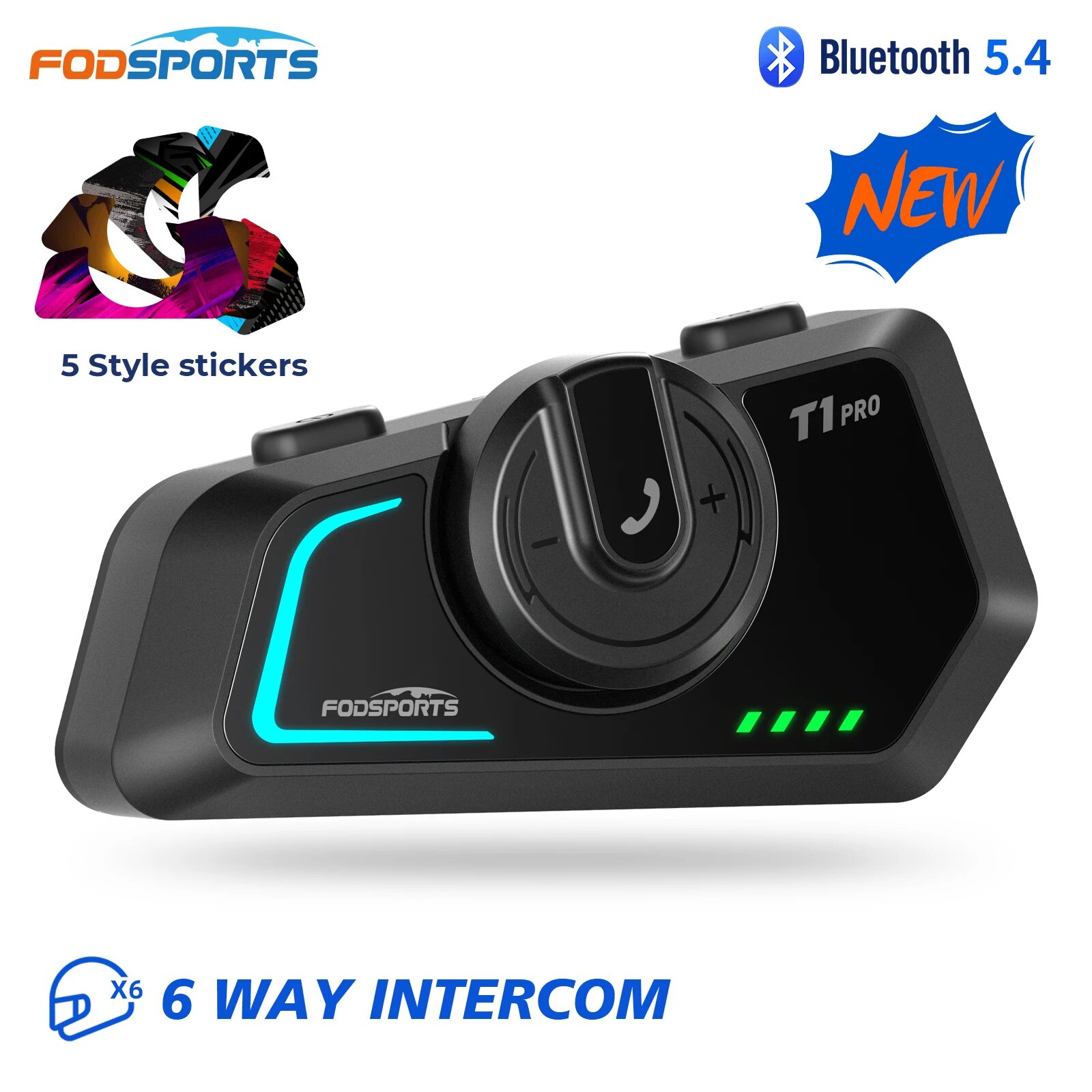 Fodsports T1 Pro мотоциклетная гарнитура, беспроводная Bluetooth гарнитура для шлема, 6 райдеров на расстоянии 2000 м, BT5.4, FM-радио.