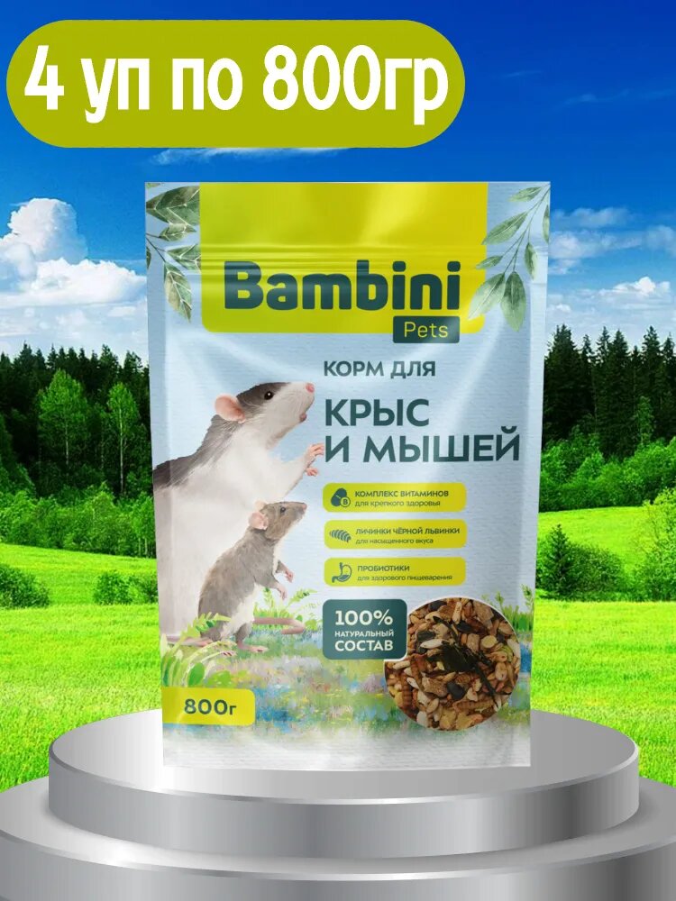 Сбалансированный повседневный корм Bambini Pets для крыс и мышей, 4 шт х 800 гр