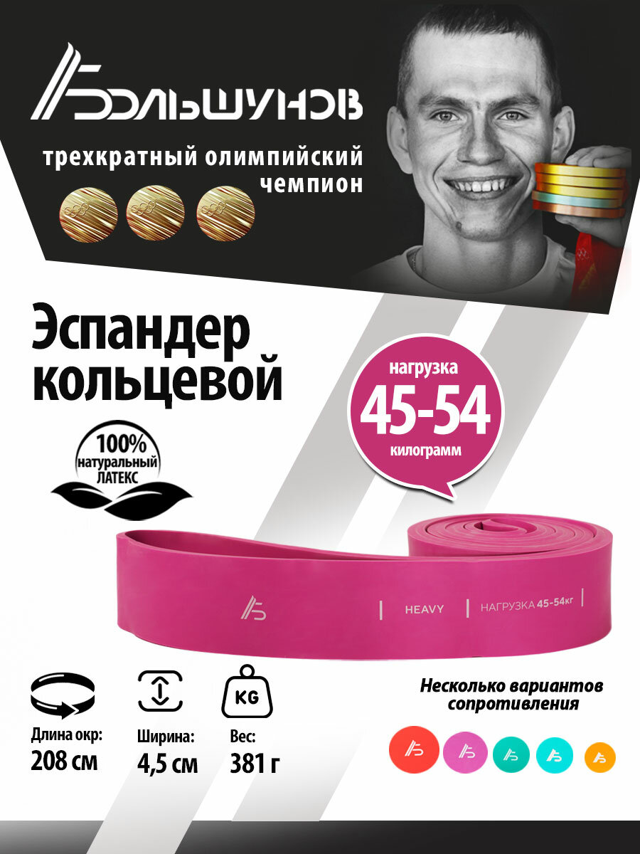 Резинка для подтягивания на турнике Александр Большунов, ленточный эспандер для фитнеса, сопротивление 45-54 кг, (малиновый)