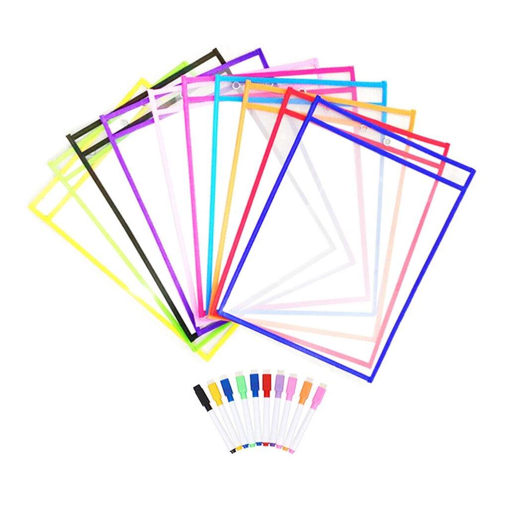 10ШТ Многоразовых Пластиковых Протекторов Для Листов, Карманов для Рабочих Листов с Маркером, Прорезью Для Ручки, Водонепроницаемых Пластиковых Карманов