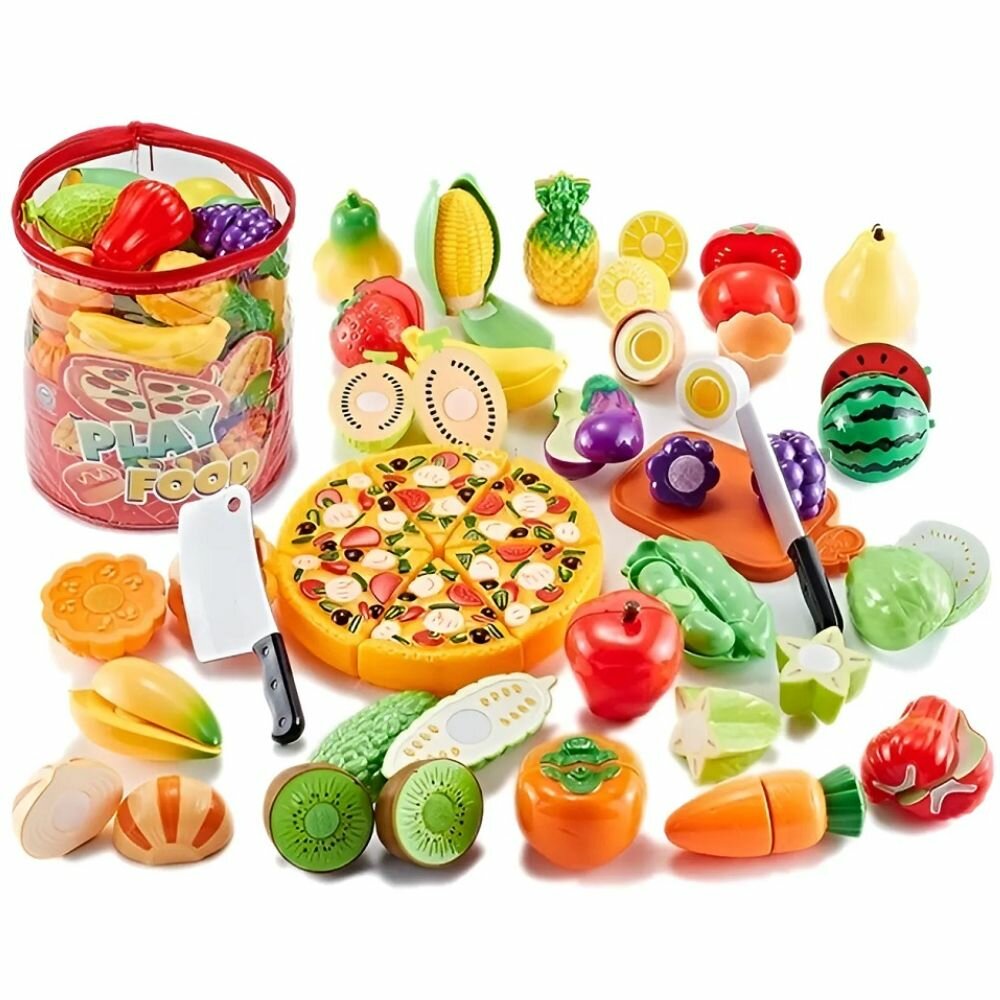 Игровой набор игрушечных пластиковых продуктов 35 предметов для девочек, овощи и фрукты на липучках, ножи и доска в комплекте