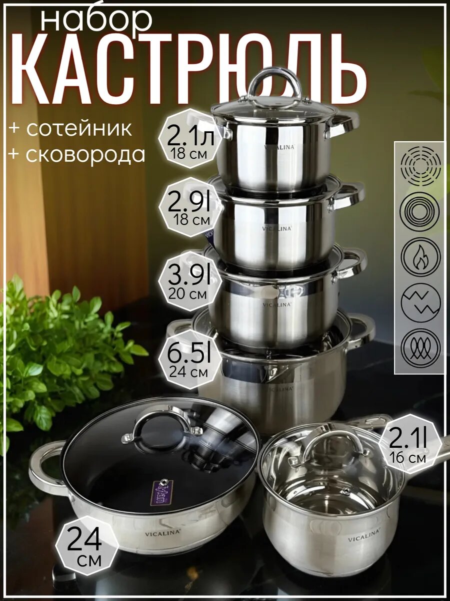 Набор кастрюль "Vicalina", антипригарное покрытие, нержавеющая сталь, для всех видов плит