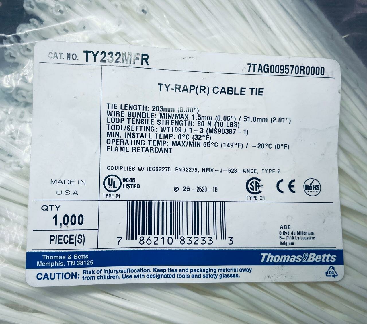 Хомут кабельный TY232MFR 2.4х203 P6.6 бел. огнеупорный (уп.1000шт) ABB 7TAG009570R0000