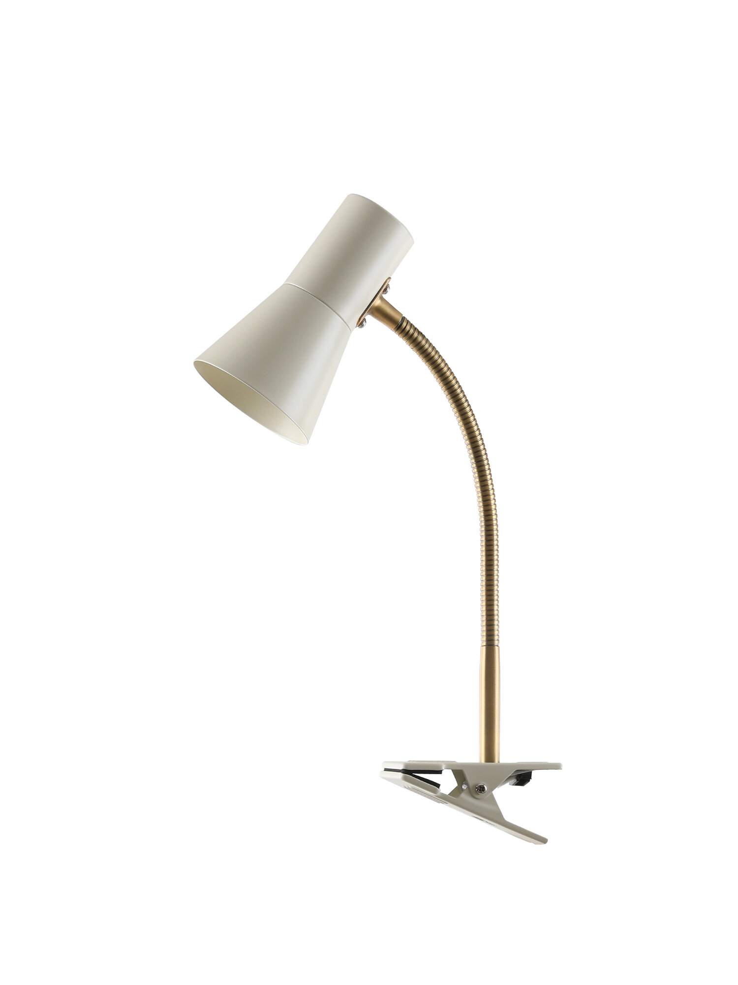 Настольный светильник на прищепке металлический, патрон керамика, слоновая кость и латунь