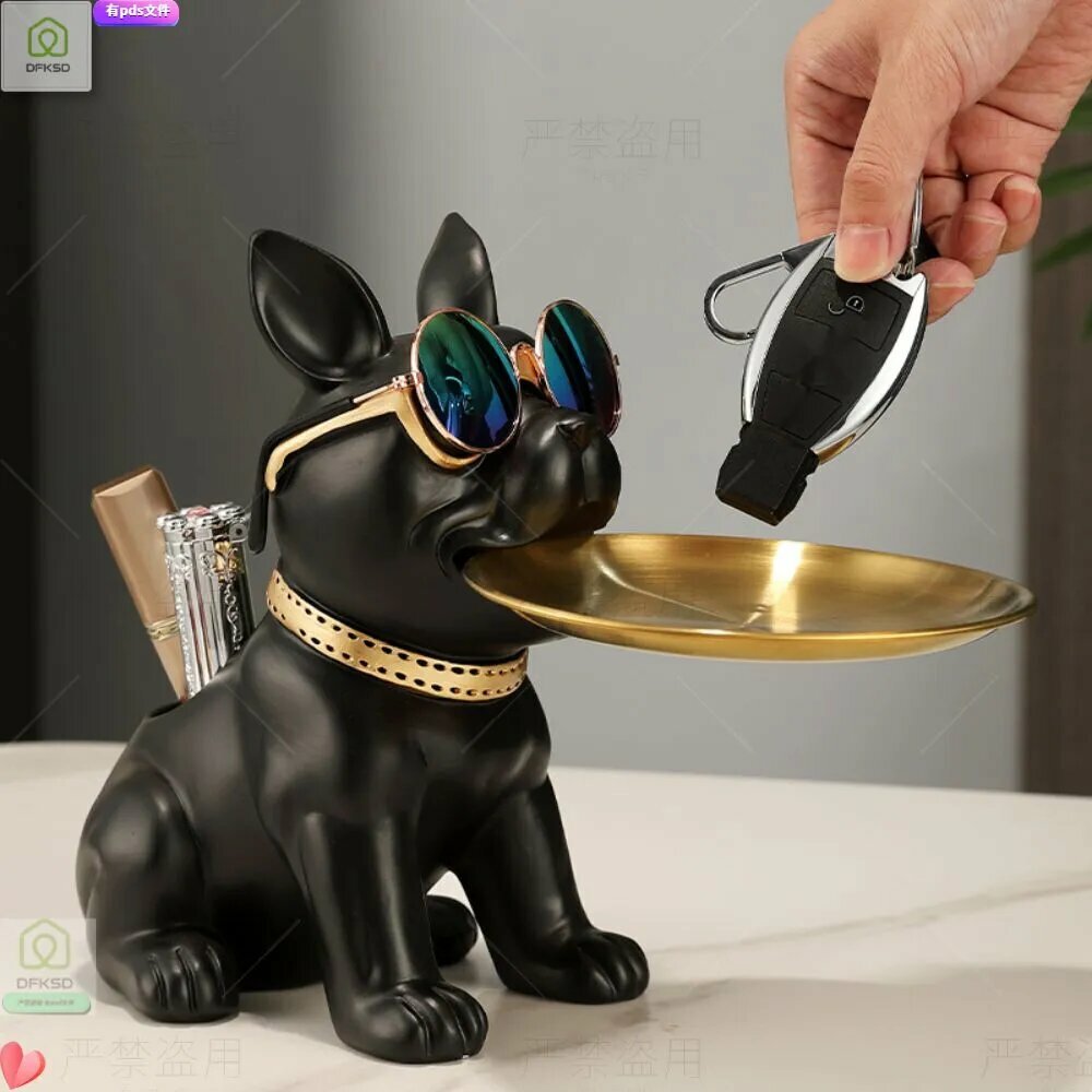 Статуэтка интерьерная французский бульдог в современном стиле, декоративная подставка для мелочей, конфетница, собака с подносом