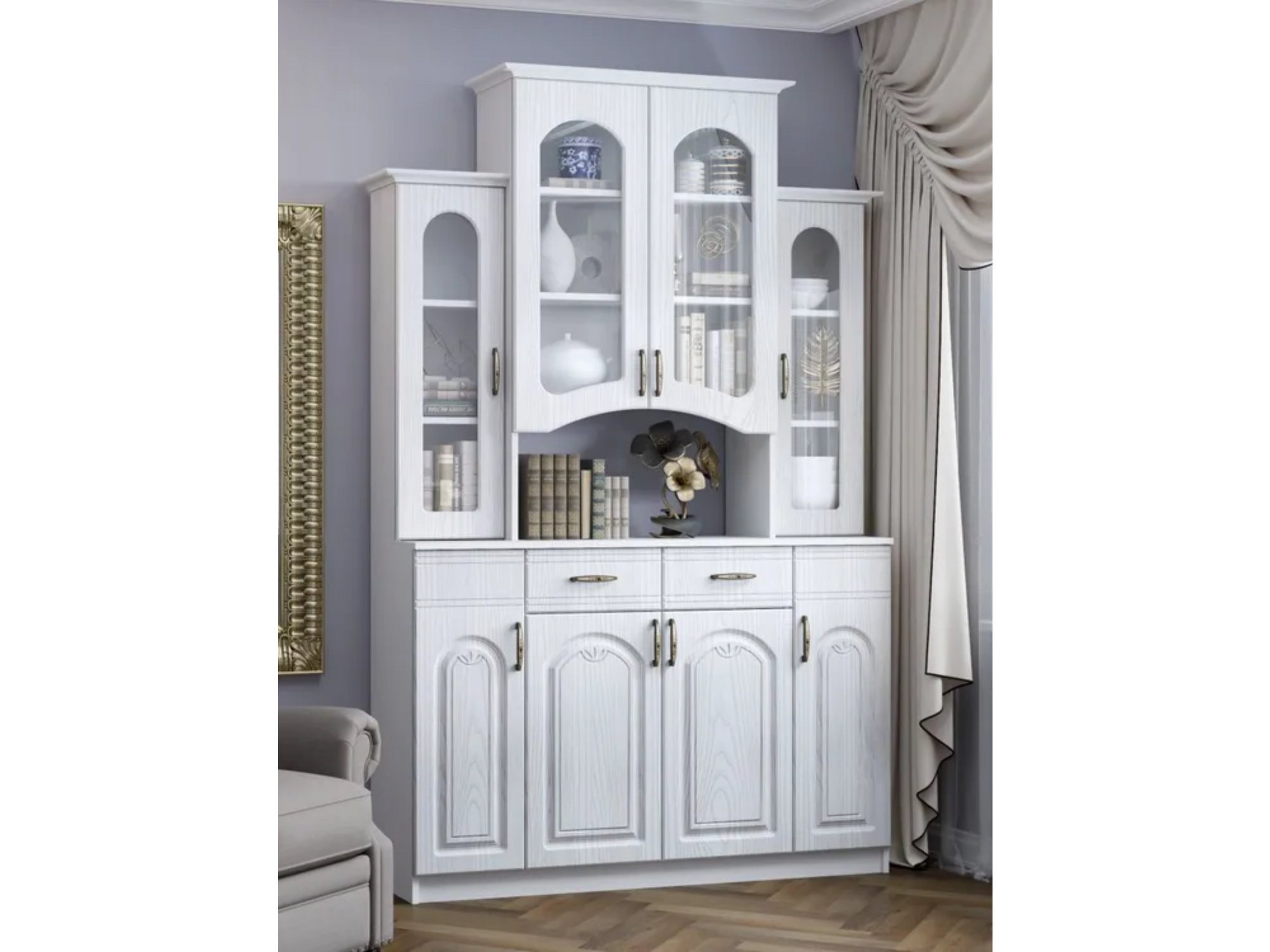 Буфет 4-х створчатый, в классическом стиле, Ясень патина/Белый (МДФ)