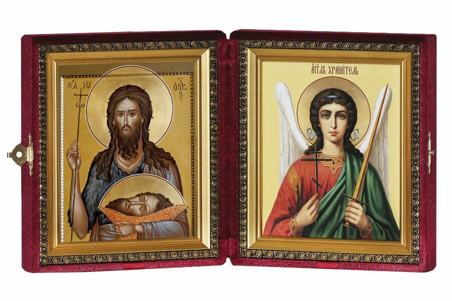 Икона складень Иоанн Предтеча, Креститель Господень, обретение главы и Ангел Хранитель в бархатном футляре, 14х16,5 см