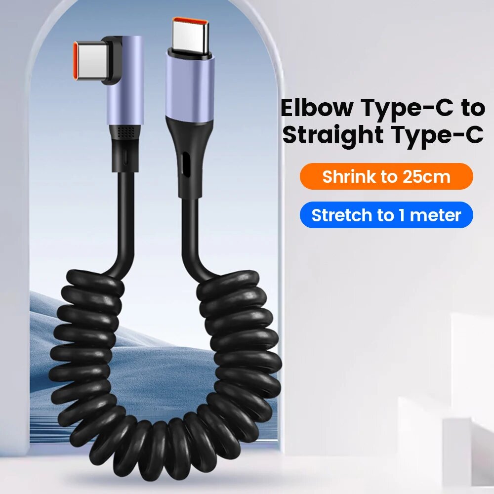 Угловой пружинный кабель 90 градусов, 6 А, кабель USB типа C для быстрой зарядки, выдвижной кабель USB C к типу C для передачи данных для iphone 15 Android Elbow Type C C-C