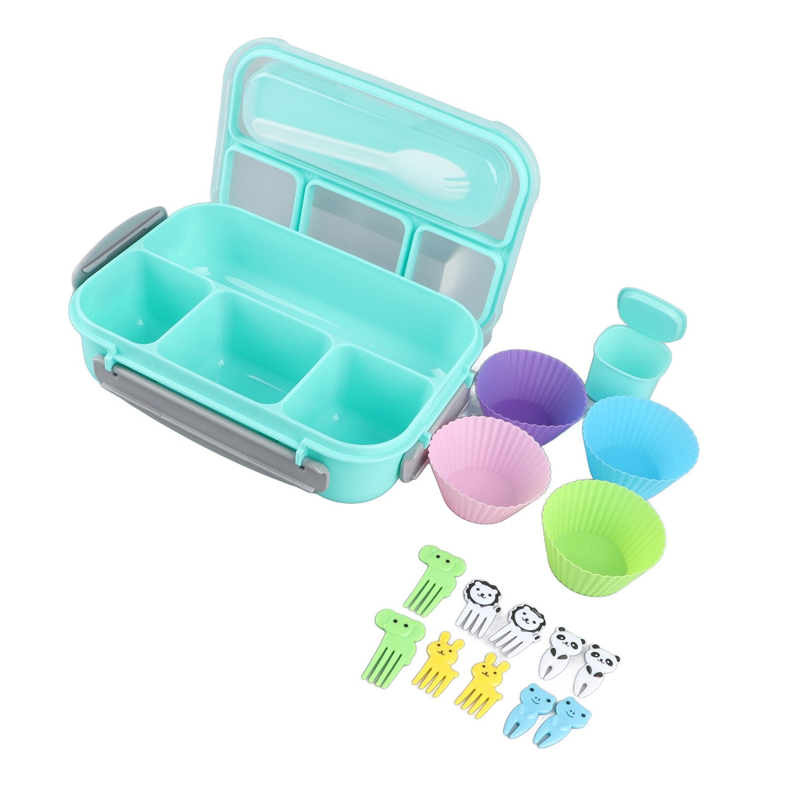 16PCS Set Bento Box Reusable 1300ml 4 Compartment Adult Lunch Box with Spoon for Fruit Lunch Green