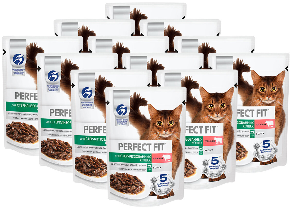 Влажный корм Perfect Fit для взрослых кастрированных котов и стерилизованных кошек с говядиной в соусе пауч, 75 г 12 шт