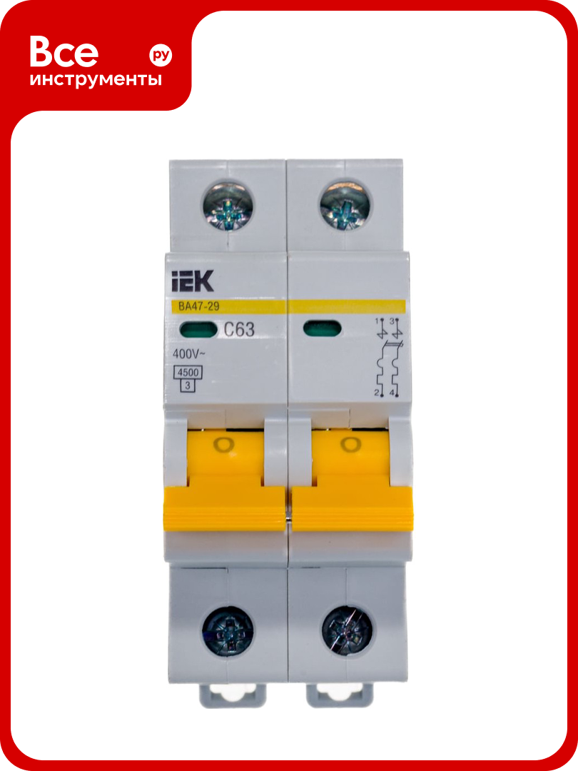 Автоматический, IEK, модульный выключатель IEK ВА 47-29 2п C 63А 4.5кА ИЭК MVA20-2-063-C