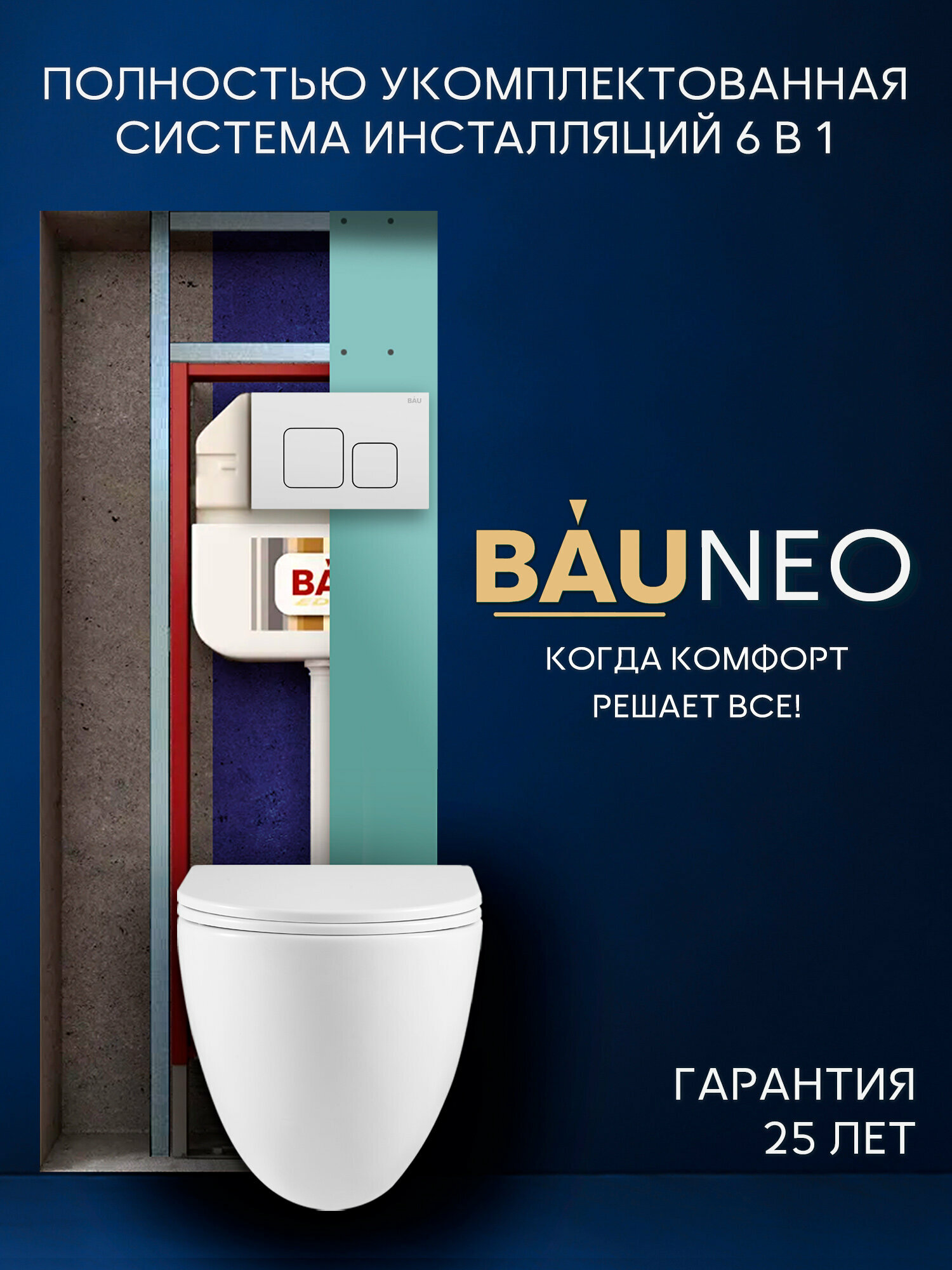 Комплект BAU 6 в 1: рамная инсталляция BAU NEO 45, унитаз подвесной безободковый вихревой со скрытым сливом Bau Dream Hurricane3, сиденье дюропласт микролифт, кнопка смыва BAU Soul, белая