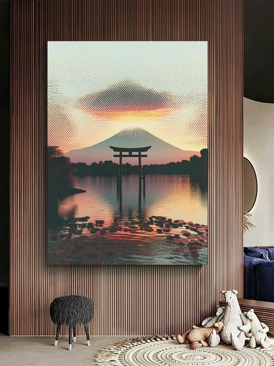 Картина интерьерная на стену - "Пейзаж в японском стиле / гора Фудзи и сакура" , 60х80 см.