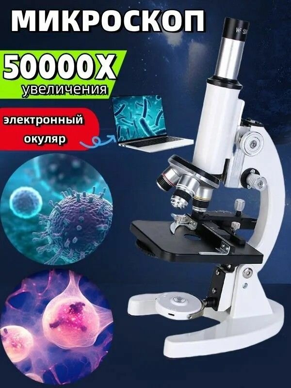 Микроскоп с набором предметных и покровных стекол, держателем объектива, электронными окулярами и подвижными штангенциркулями с максимальным увеличением 50 000x.