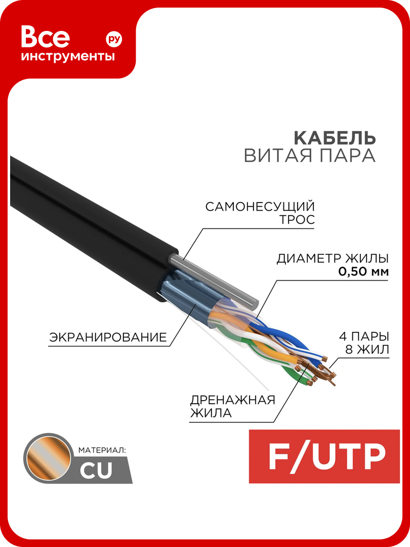 Кабель REXANT витая пара FTP 4PR 24AWG, CAT5e, наружный OUTDOOR + ТРОС1 бухта 305 м 01-0144, чёрный, для создания