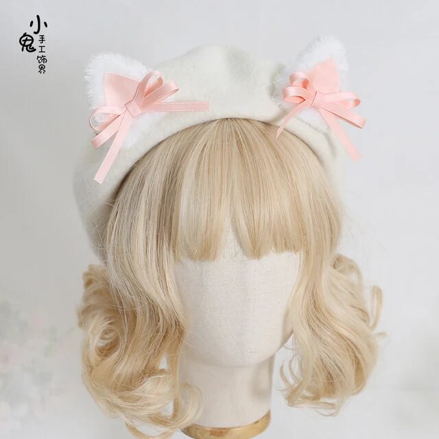 Женская шерстяная берета с бантом кошачьими ушками