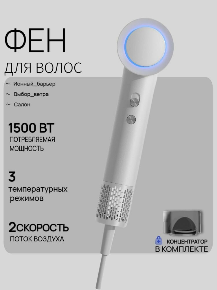 Фен турбинный с бесщеточным двигателем, магнитные насадки, 3 тепла 2 скорости, интеллектуальный термоконтроль