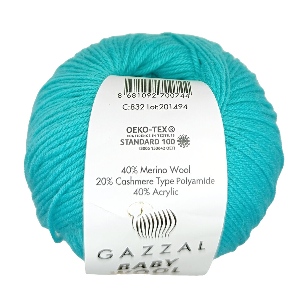 Пряжа для вязания Gazzal Baby wool 832 мятно-бирюзовый 50 гр/175 м 40% мериносовая шерсть, 20% кашемир ПА, 40% акрил