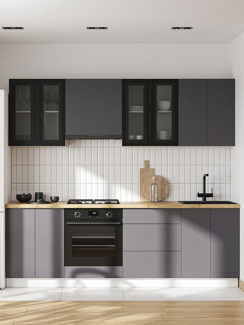 Кухонный гарнитур Тандем 2.4 м, мебель для дома и кухни, Белый / Черный матовый / Графит