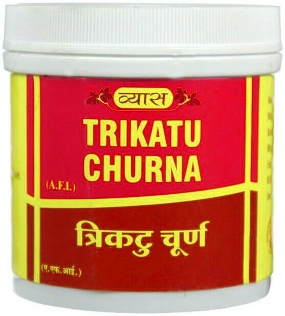 Трикату чурна Вьяс нормализует уровень холестерина, активно выводит шлаки и токсины, кишечных паразитов Trikatu churna Vyas 100 гр.