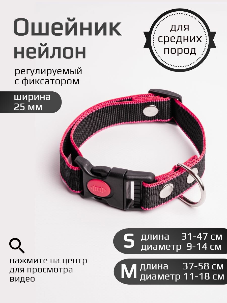 Ошейник Хвостатыч для собак с регулируемым фиксатором нейлон 25 мм (черно-красный) размер S