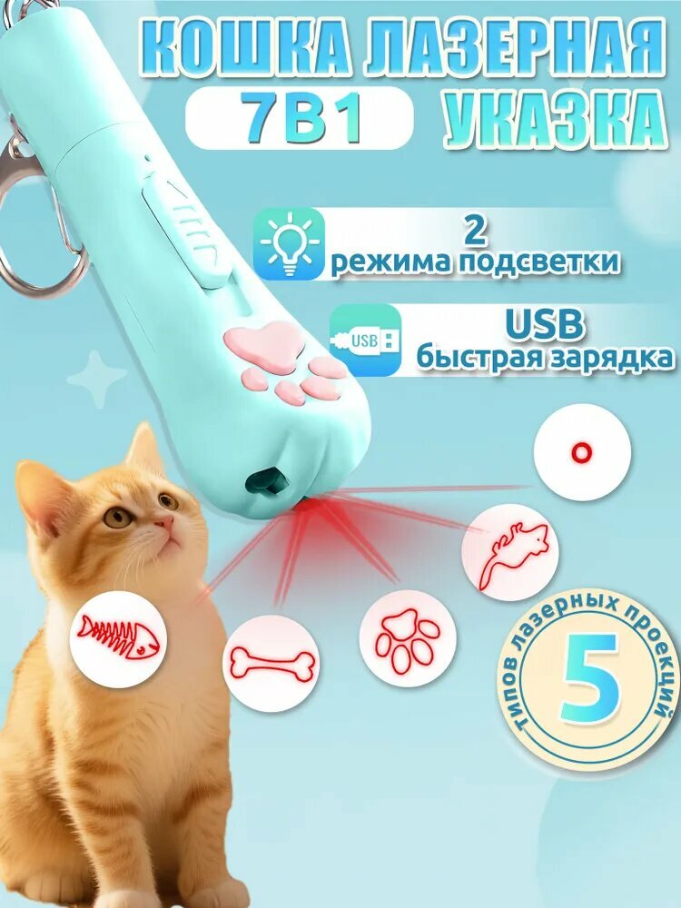 Синяя лазерная указка для игр с кошками, многофункциональная проекционная игрушка с пятью картинками для кошек и собак