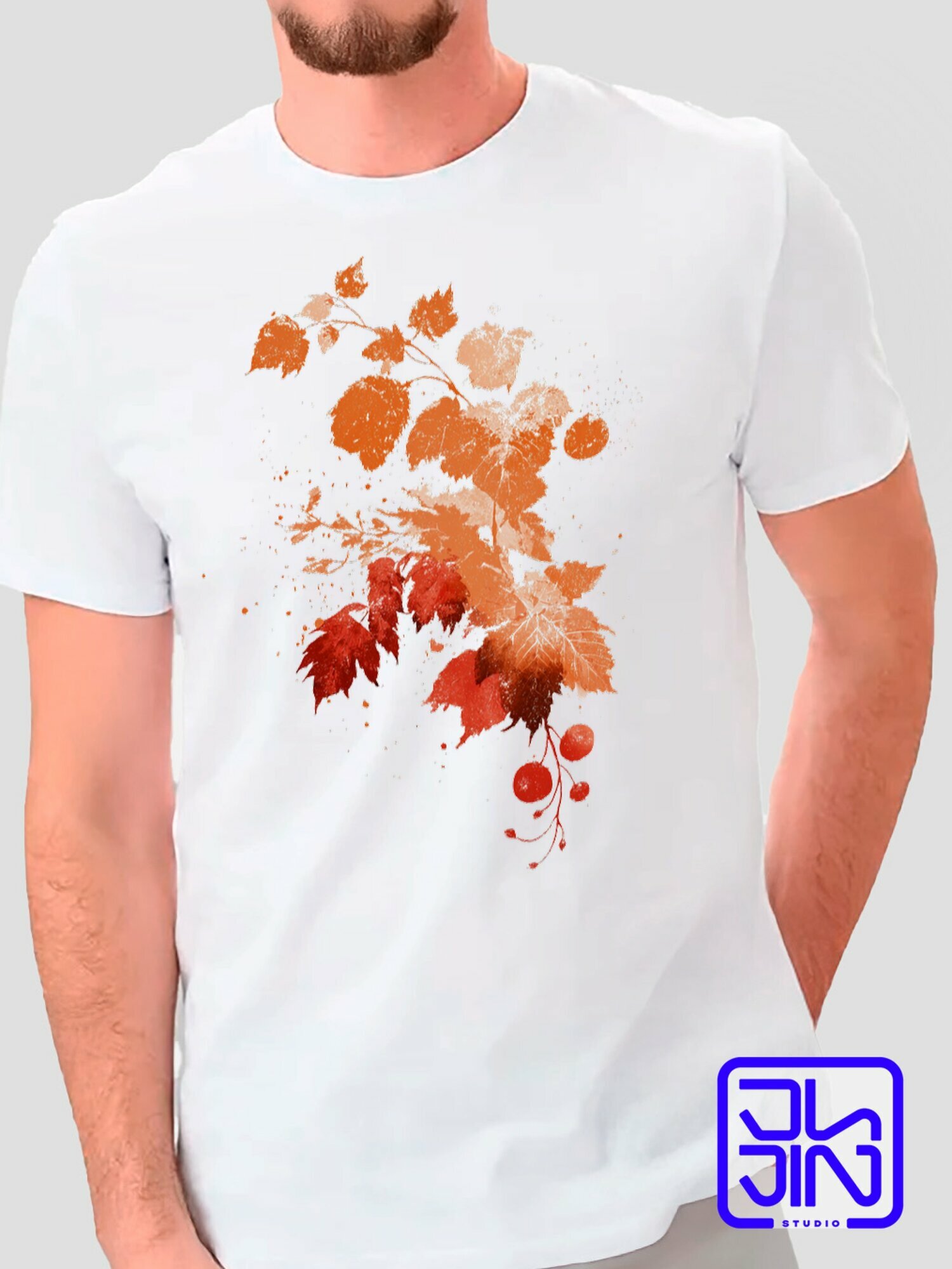 Футболка классическая мужская с авторским принтом Оранжевые, рыжие листья с красными ягодами и цветочными узорами природы, белый хлопковый трикотаж с прикольным рисунком на груди