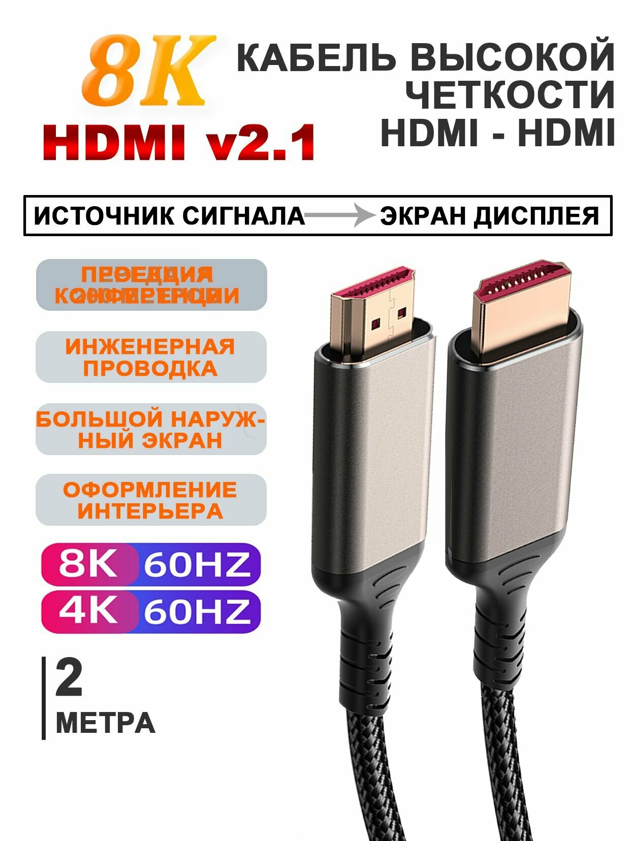 Кабель HDMI 2.1 оптоволоконный 8K@60Hz 4K@240Hz до 200м, поддержка HDR, для телевизора проектора игровой консоли инженерная прокладка