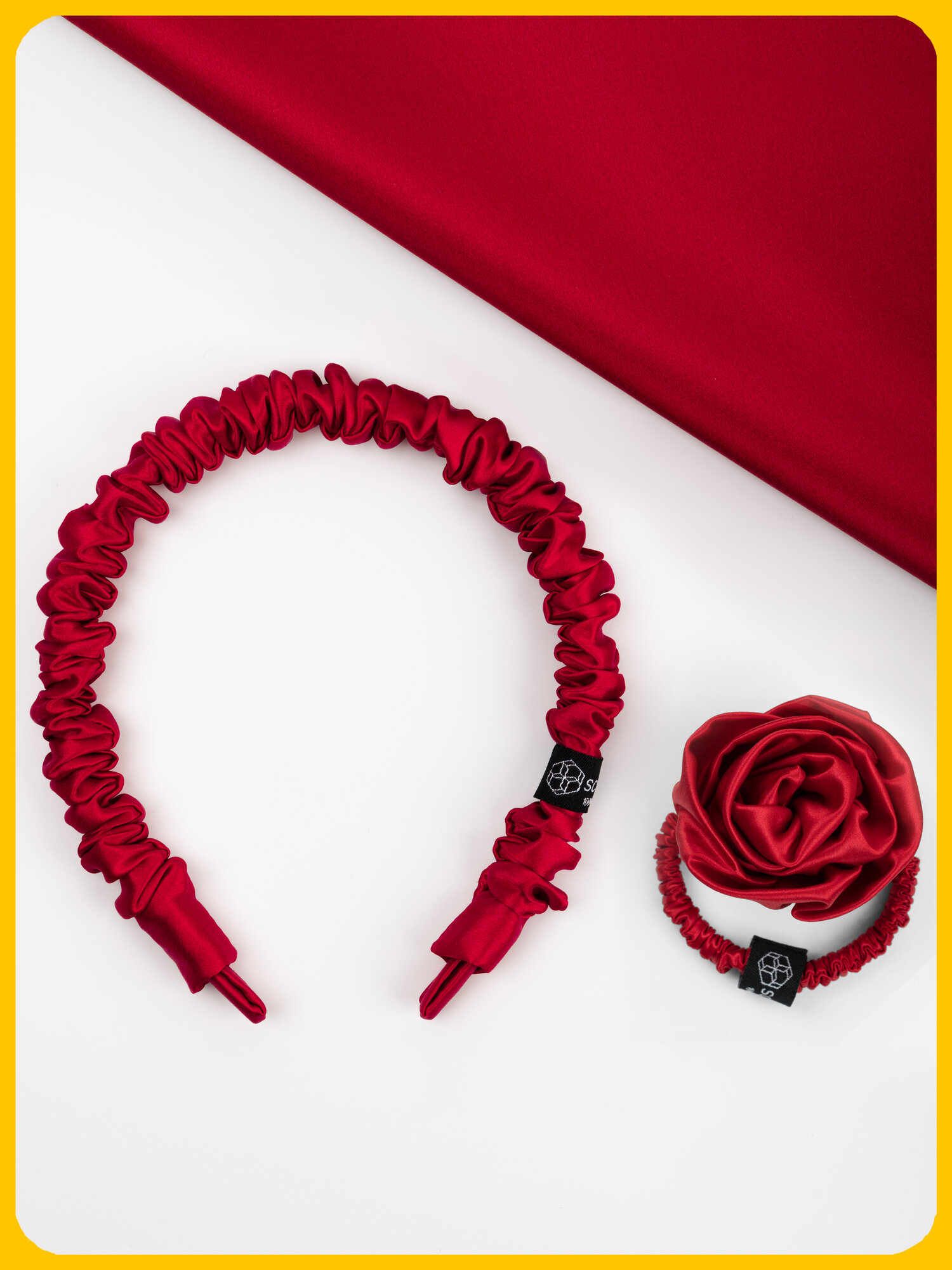 100% натуральный шелк 22 момми/Набор: ободок и резинка для волос с цветком/красный цвет