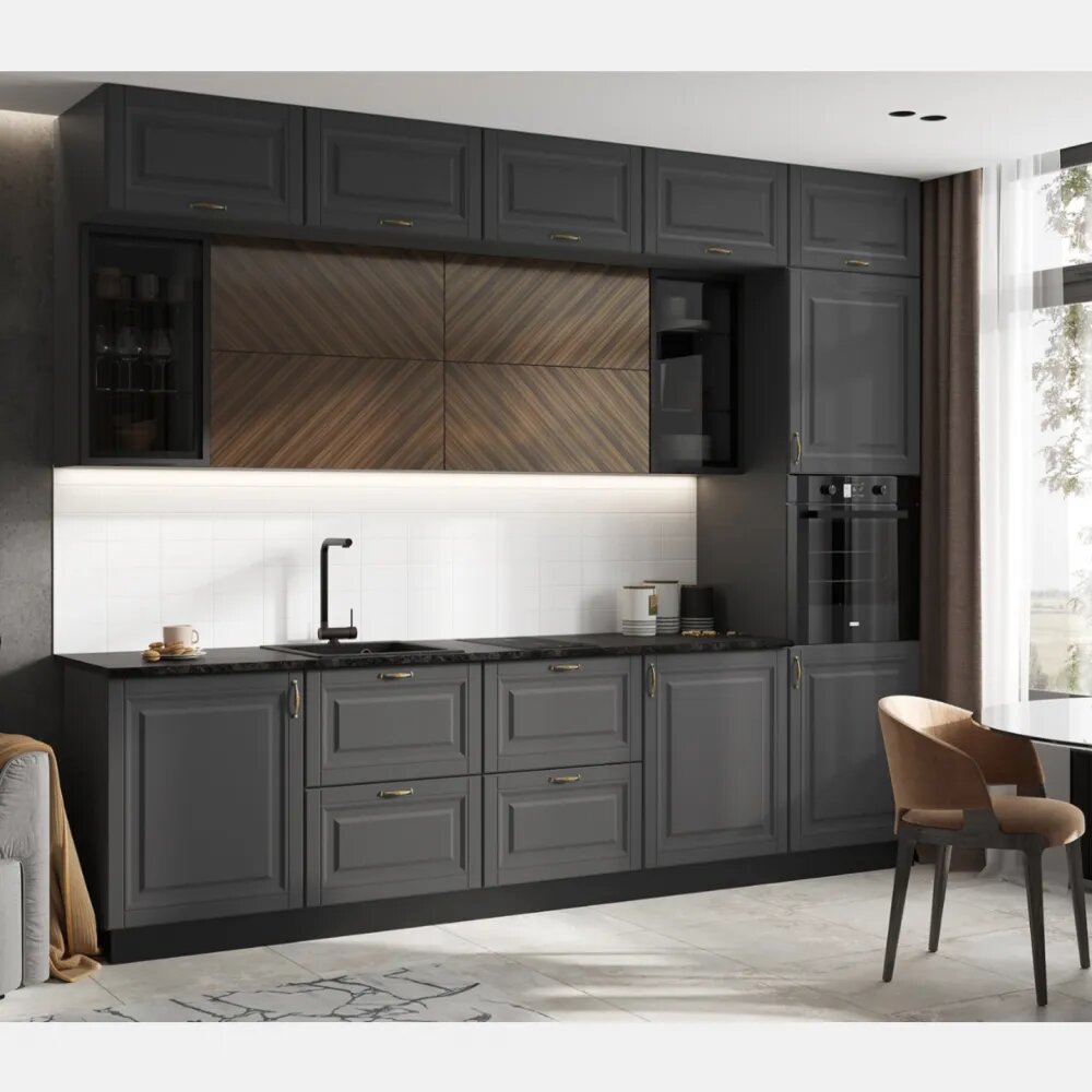 Кухня мркг 9/ Кухня Престиж 3,0м(490) Компоновка 2 Графит NEW/Прайм орех/граф. (Каст. темн)