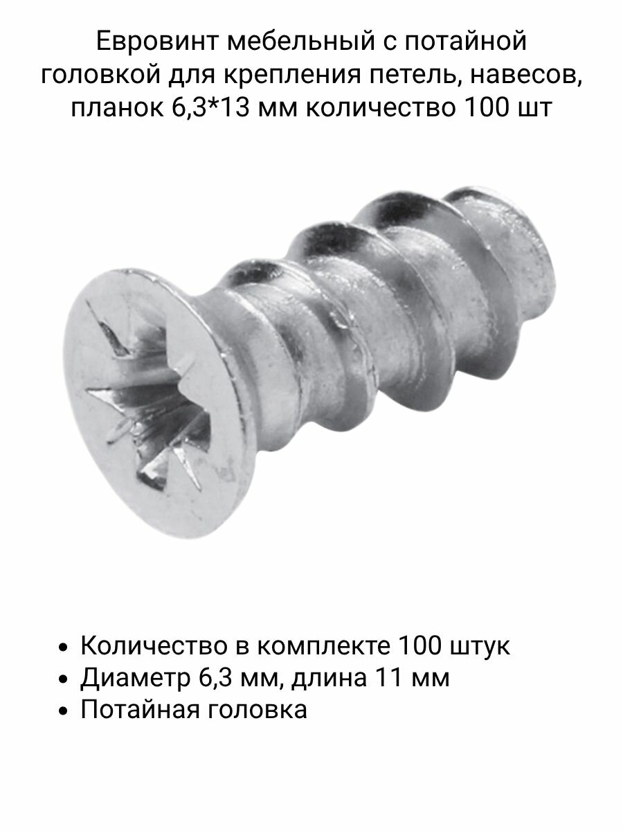 Евровинт мебельный с потайной головкой для крепления петель, навесов, планок 6,3*13 мм кол-во 100 шт