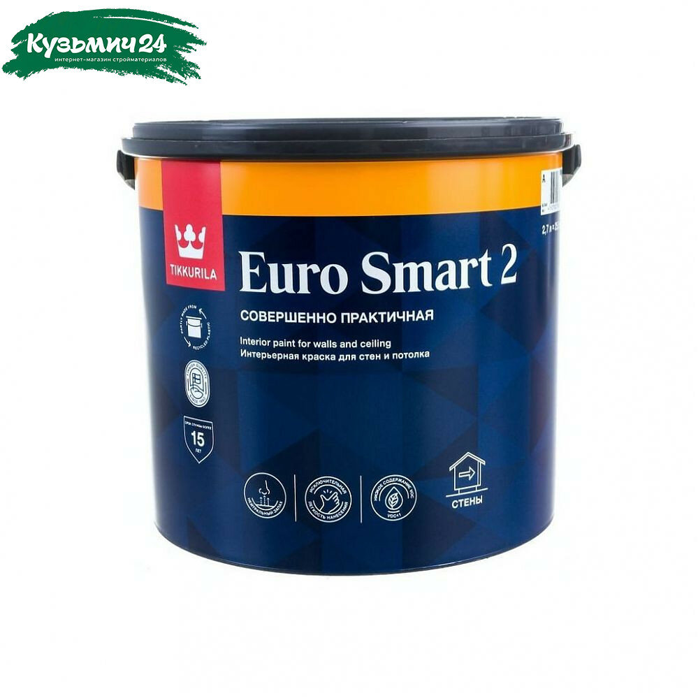 Краска Tikkurila Euro 2, интерьерная, для стен и потолка, матовая, белая, 2.7 л, 1 шт.