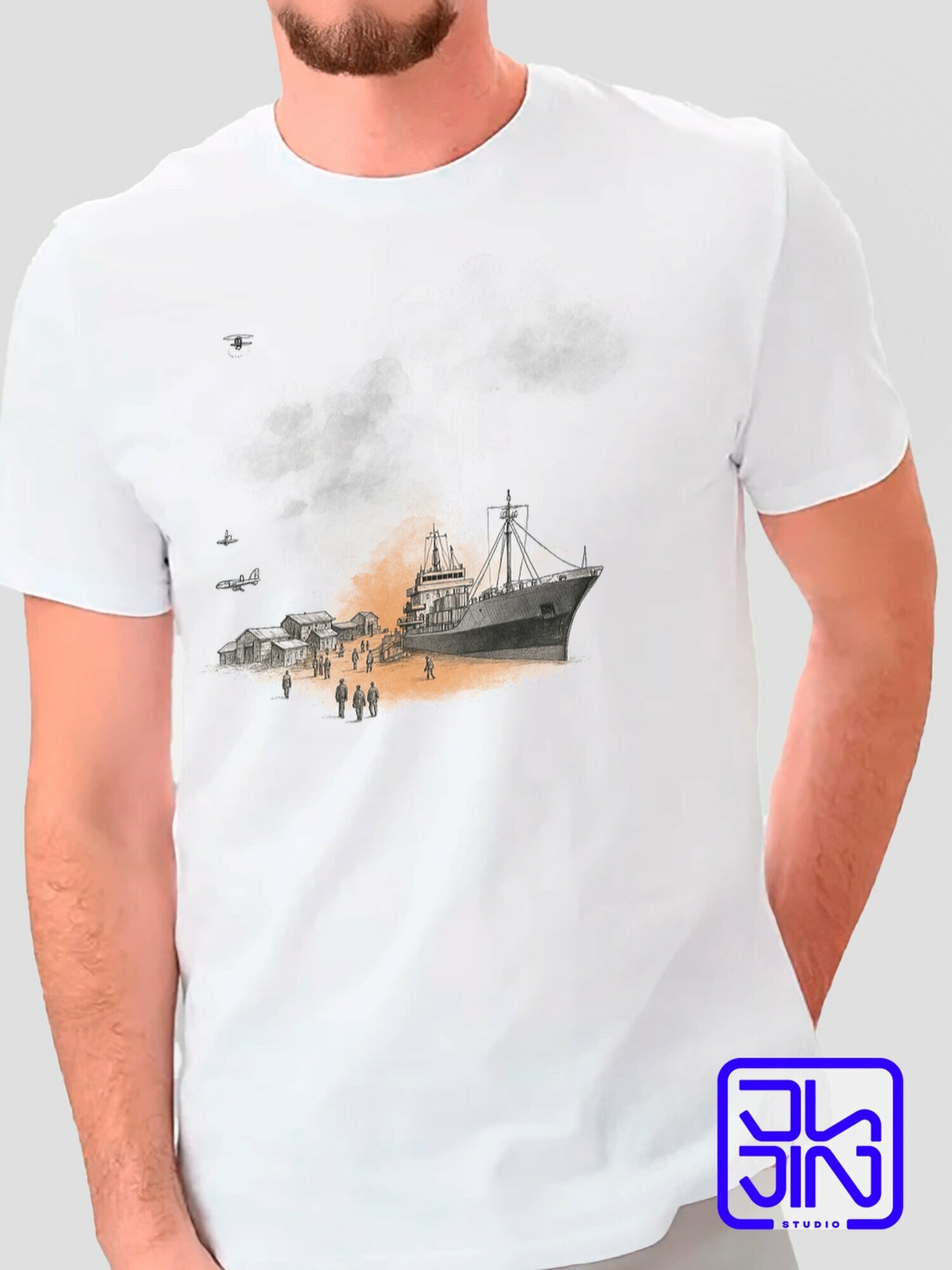 Футболка классическая мужская с авторским принтом Минималистичная черно-белая композиция с кораблем и самолетом в порту, белый хлопковый трикотаж с прикольным рисунком на груди
